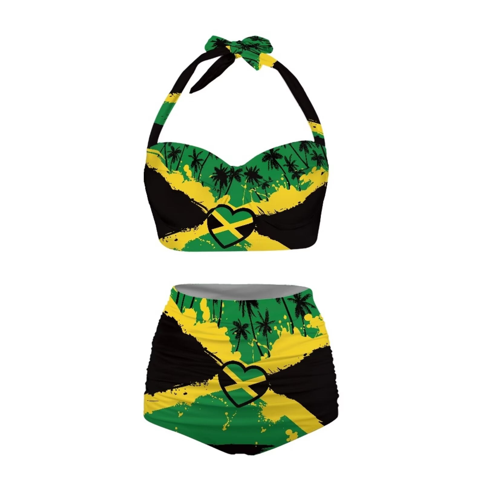 Netilgen Jamaica Flag And Heart Ladies Swimsuit Cover Up Halter Tankini