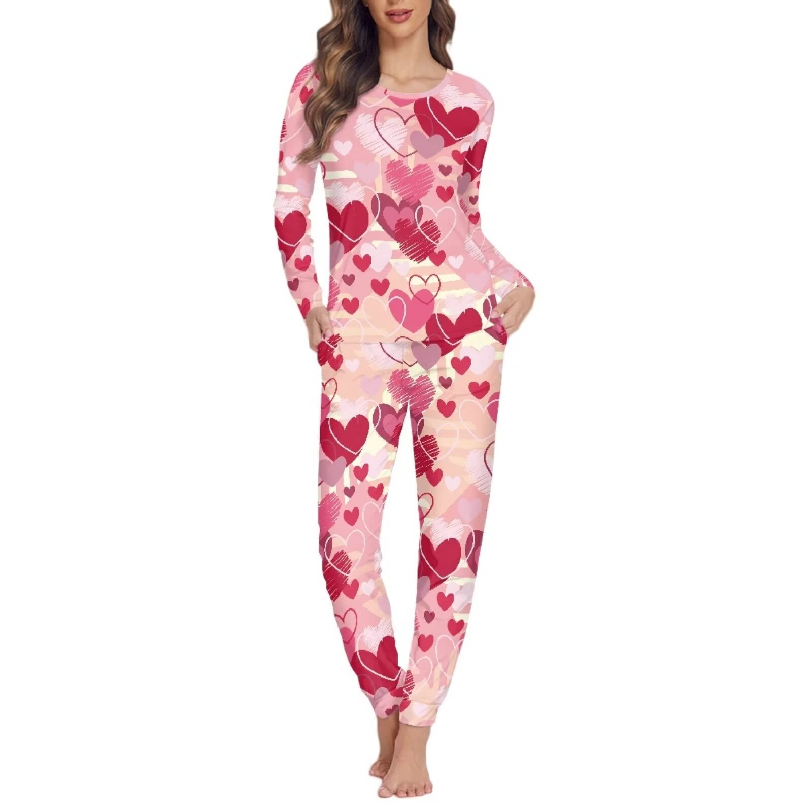 NETILGEN Love Heart Print Women Pj Sets Long Pants & Round Neck Design ...
