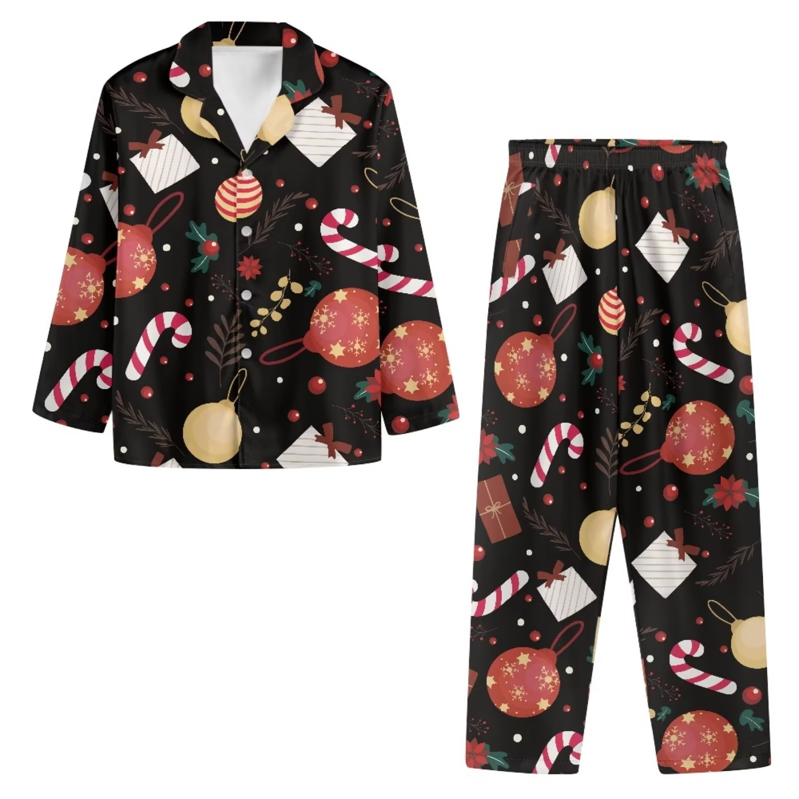 NETILGEN Merry Christmas Element Print Long Sleeve Button Pjs for Women ...