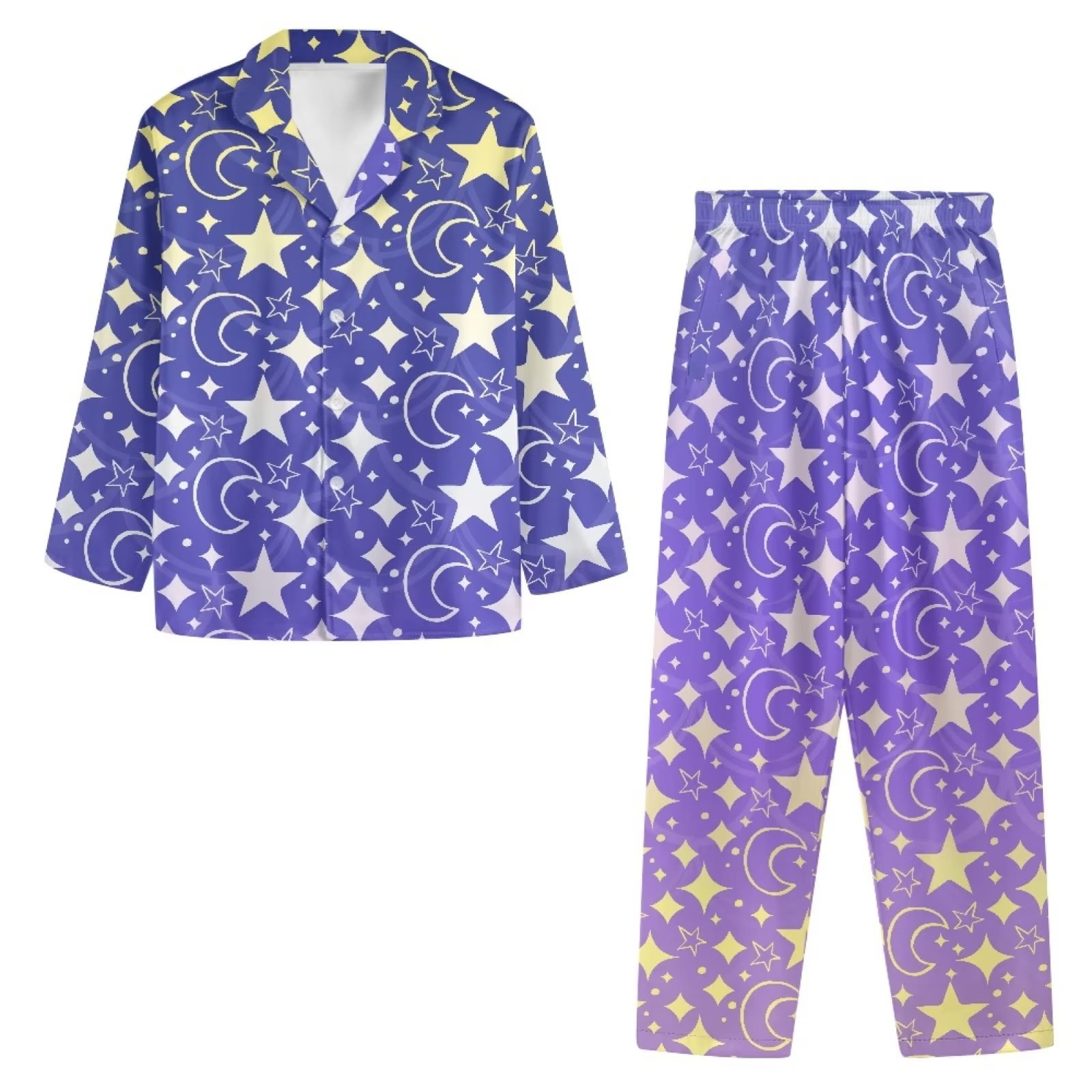 NETILGEN Moon & Star Print 2 Piece Set Womens Pj Button Up Long Sleeve ...