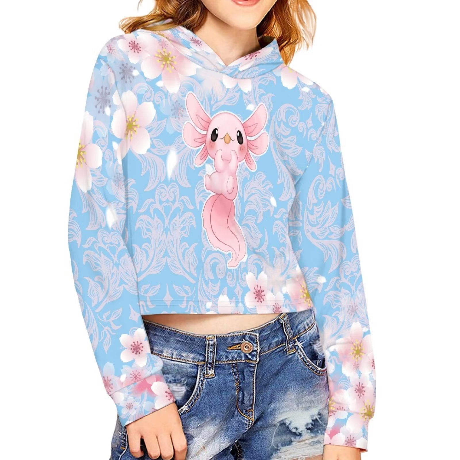 NETILGEN Plum Blossom Axolotls Cute Crop Top Hoodies for Teen Girls ...