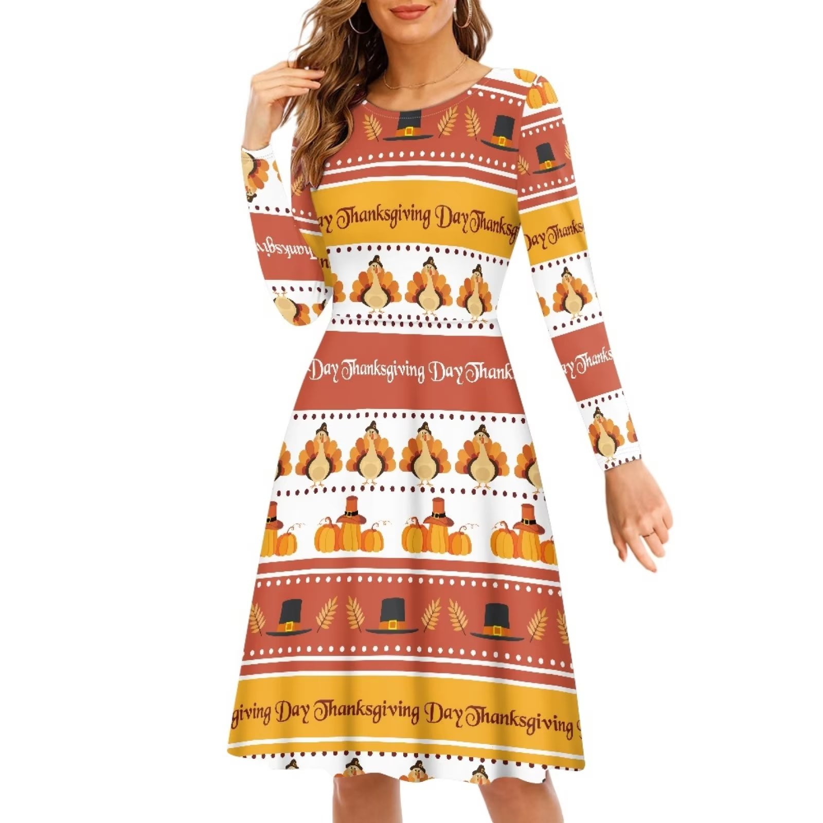 NETILGEN Thanksgiving Day Turkey & Pumpkins Dress Women Elegant Twirly ...
