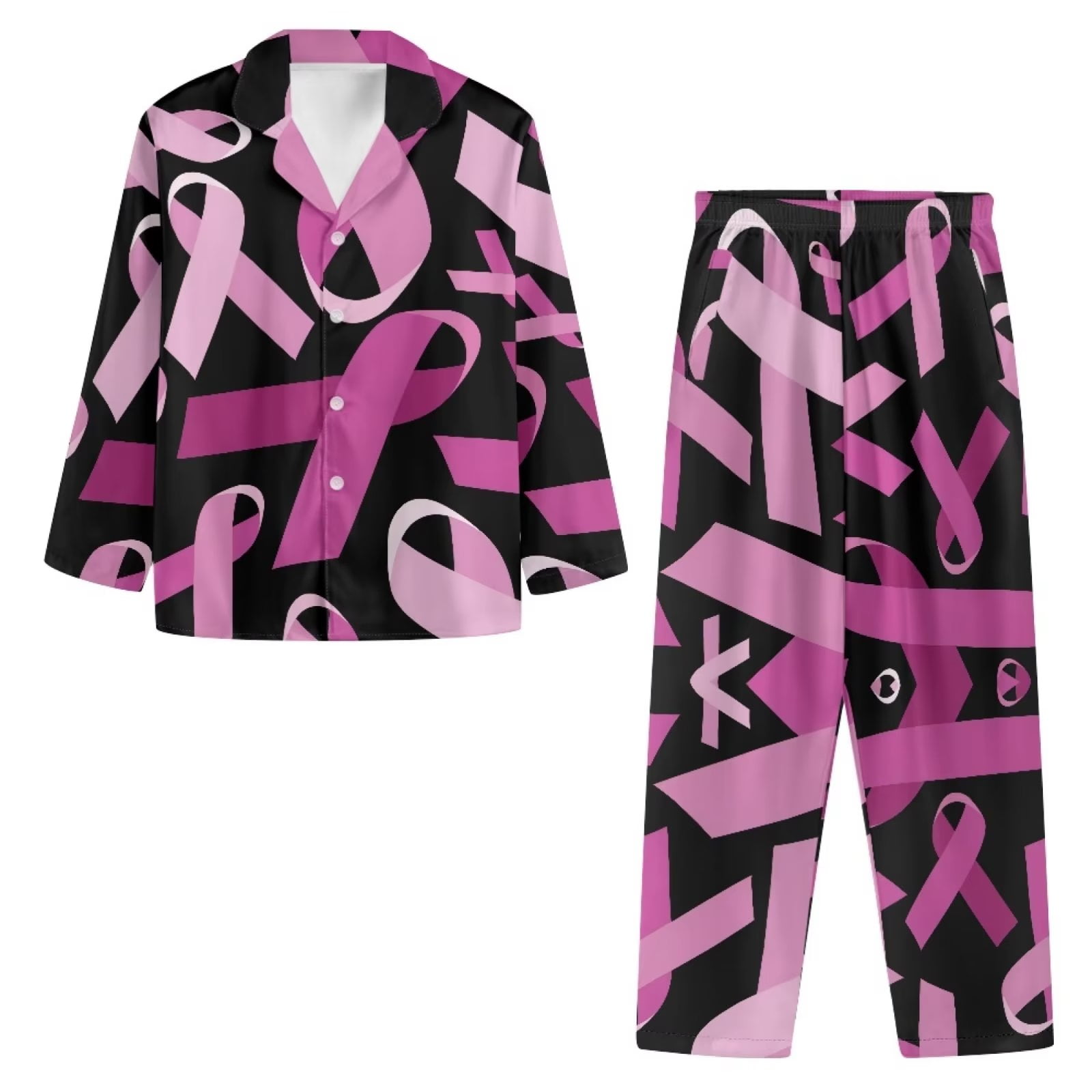 NETILGEN Women Silk Cancer Awareness Womens Pj Button up Long Sleeve ...