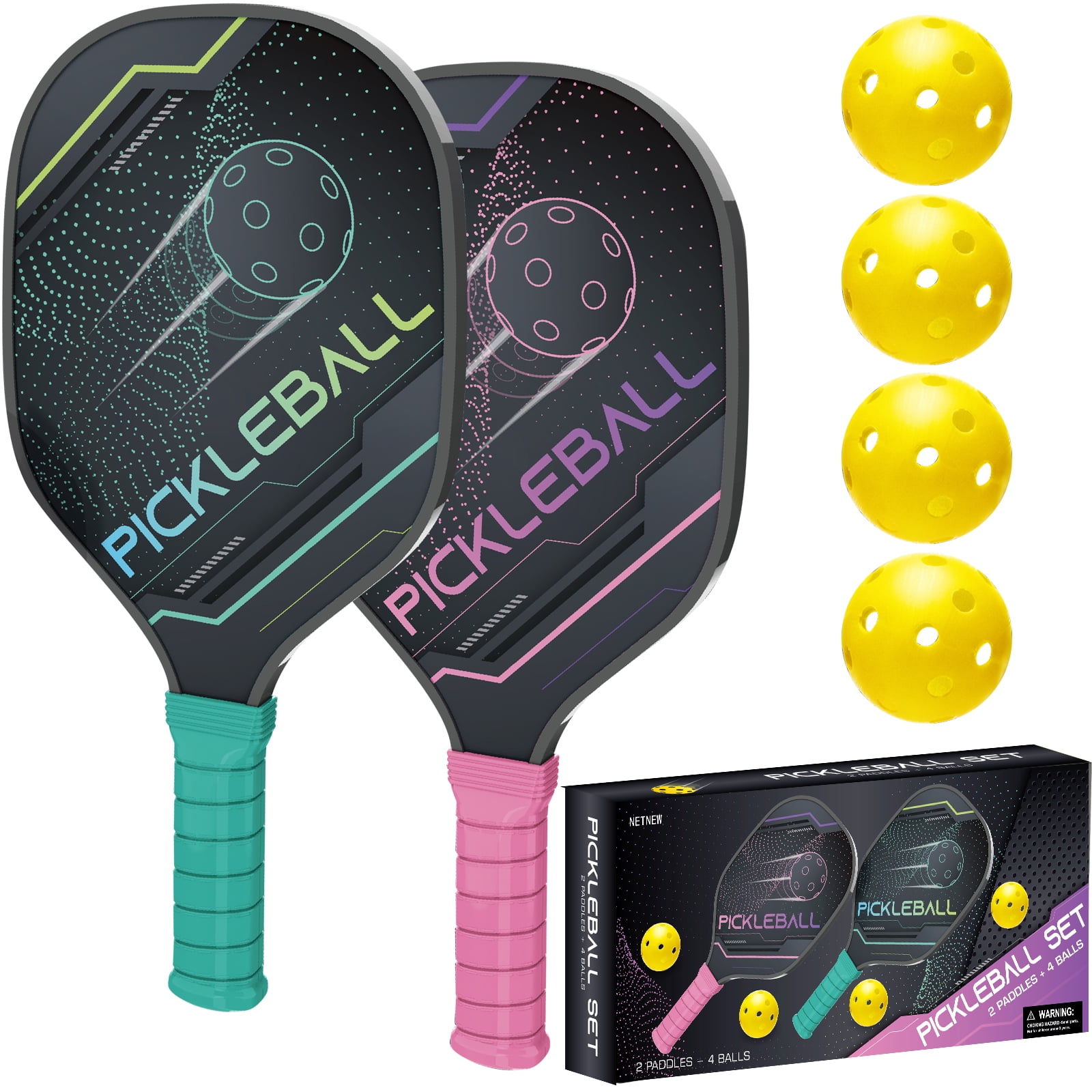 NETNEW Starter Pickleball Set: 2 Wooden Paddles & 4 Balls, Suitable for ...