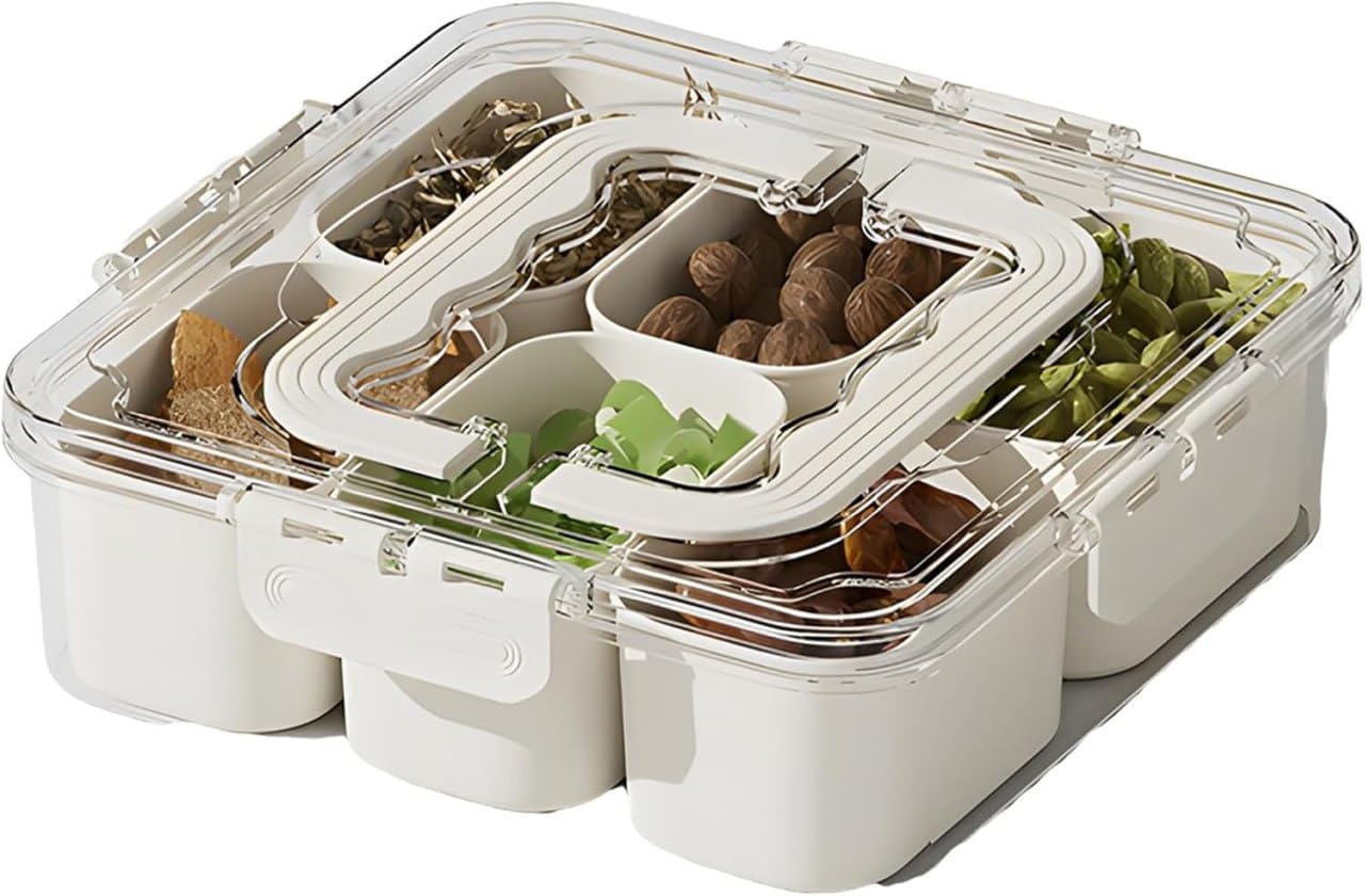 NETXE Divided Veggie Tray with Lid and Handle 6 Compartment Serving ...