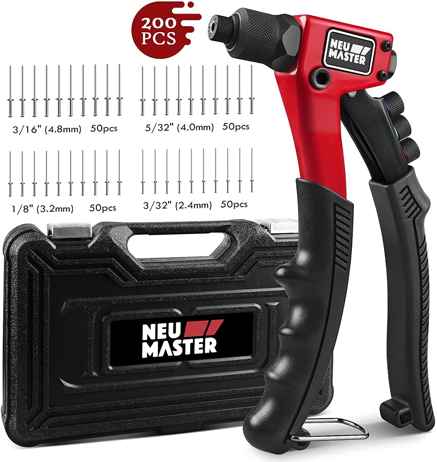NEU MASTER Heavy Duty Hand Riveter, 200Pcs Rivets, 4 Interchangeable ...