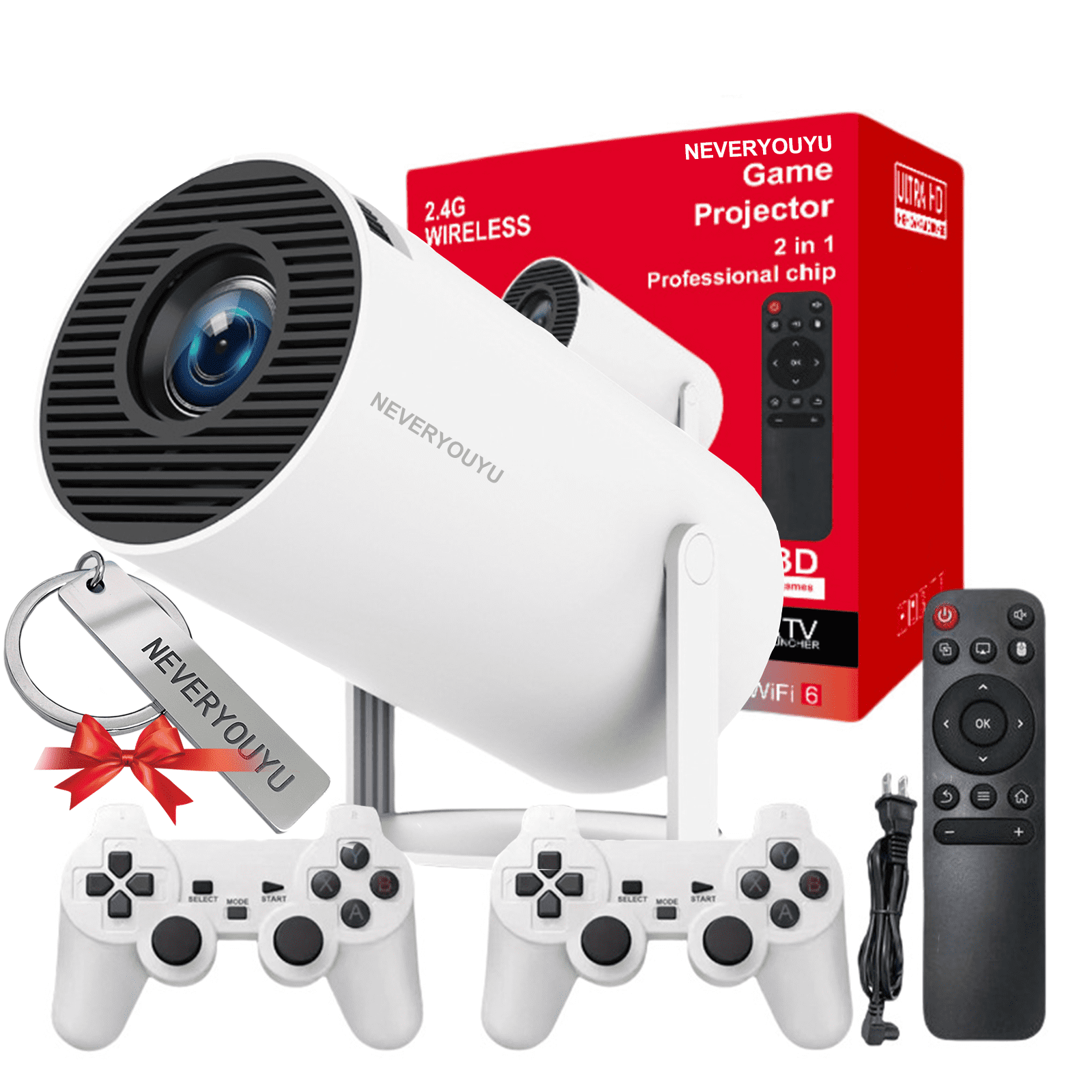 NEVERYOUYU N104 Projector with 2 Wireless Controllers with Games Built in 32,000+ Retro Games ...