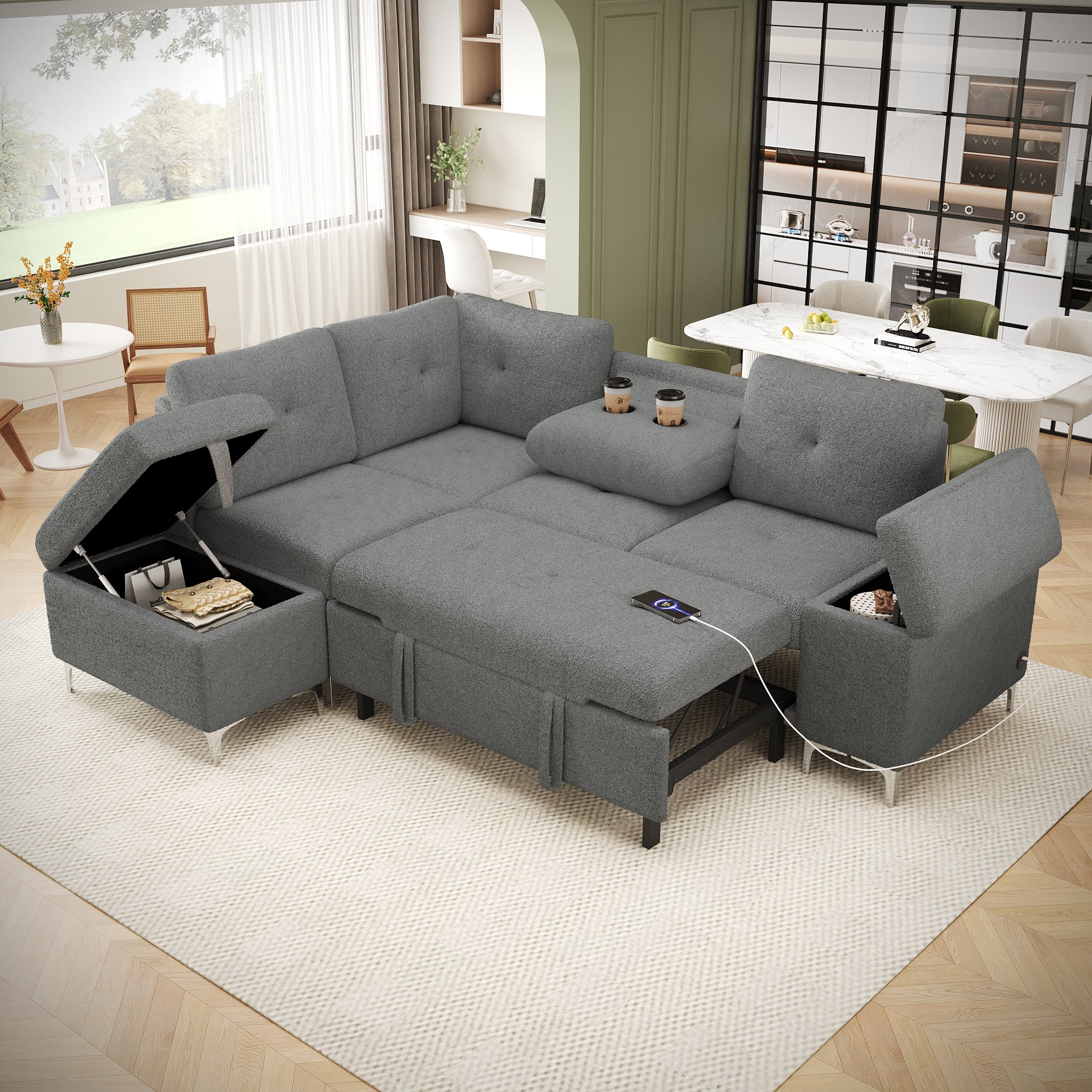 NEW 88.2" L-shaped Sofa Couch Upholstered Sofa Versatile Sofa Bed with ...