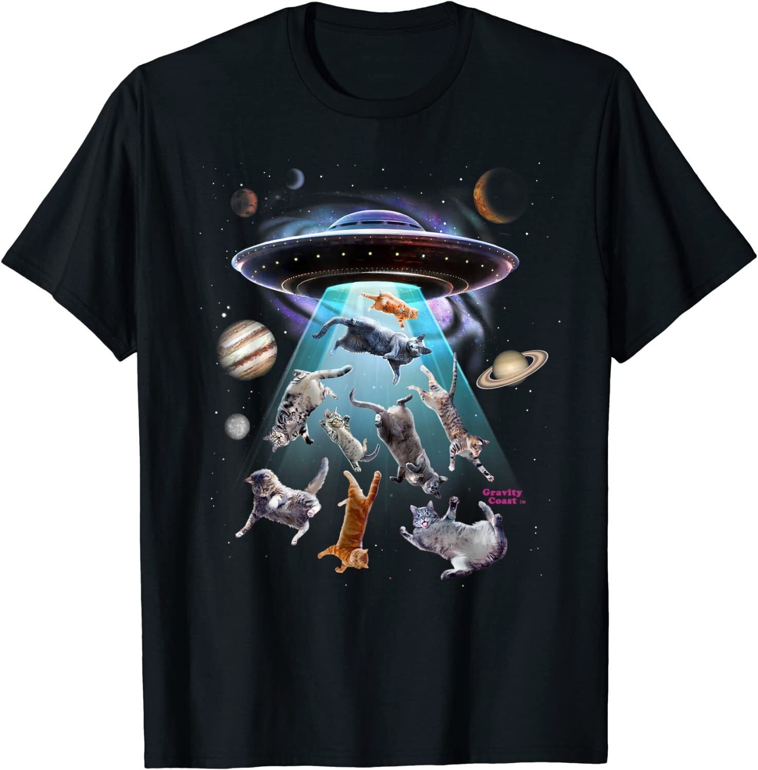 NEW! Aliens Abducting Cats Flying UFO Saucer Cosmic Space T-Shirt ...