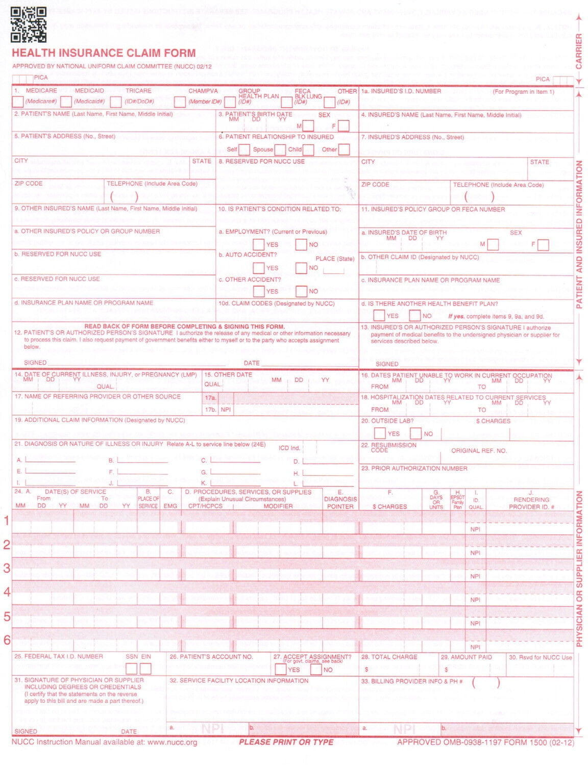 NEW CMS-1500 INSURANCE CLAIM FORMS, HCFA (Version 02/12) - 7 REAMS ...