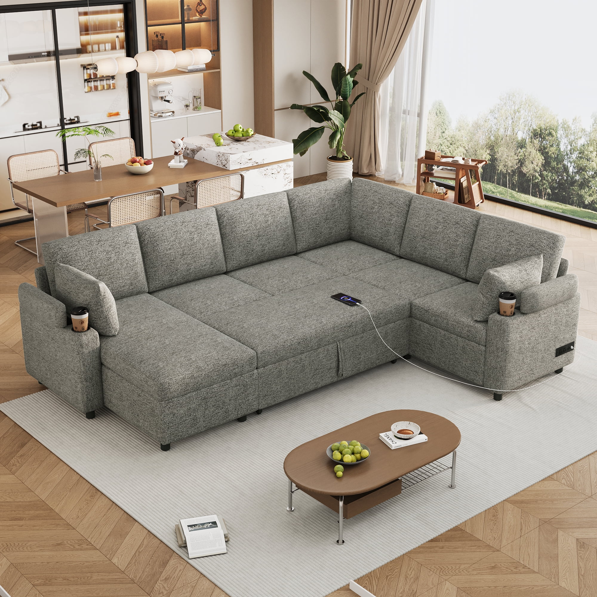 NEW Convertible U-Shaped Sectional Sofa Bed – 109.9 Inch Modular Sofa with Hidden Storage, Dual ...