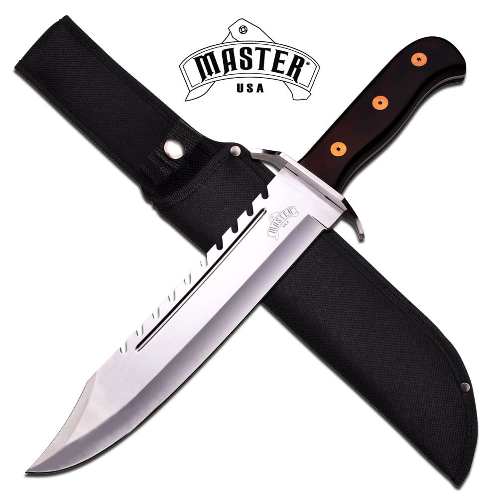 NEW Dark Wood Handle Silver Sawback Blade Classic Tactical Bowie Knife ...