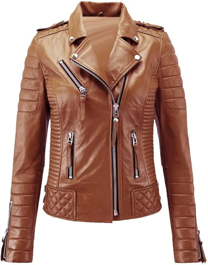 NEW HOT Women Lambskin Real Leather Jacket Motorcycle Quilted Slim Fit Brown Coat W192 - Walmart.com