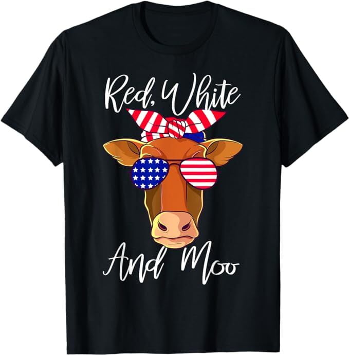 NEW LIMITED Red White and Moo Patriotic Cow USA Flag 4th of July T ...