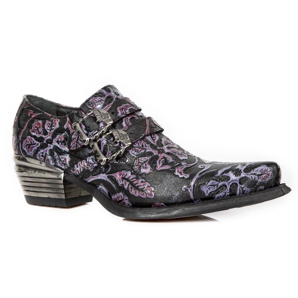 NEW ROCK 7960-S8 Shoe EMBOSSED VINTAGE Black Leather Buckle Steel Heel ...