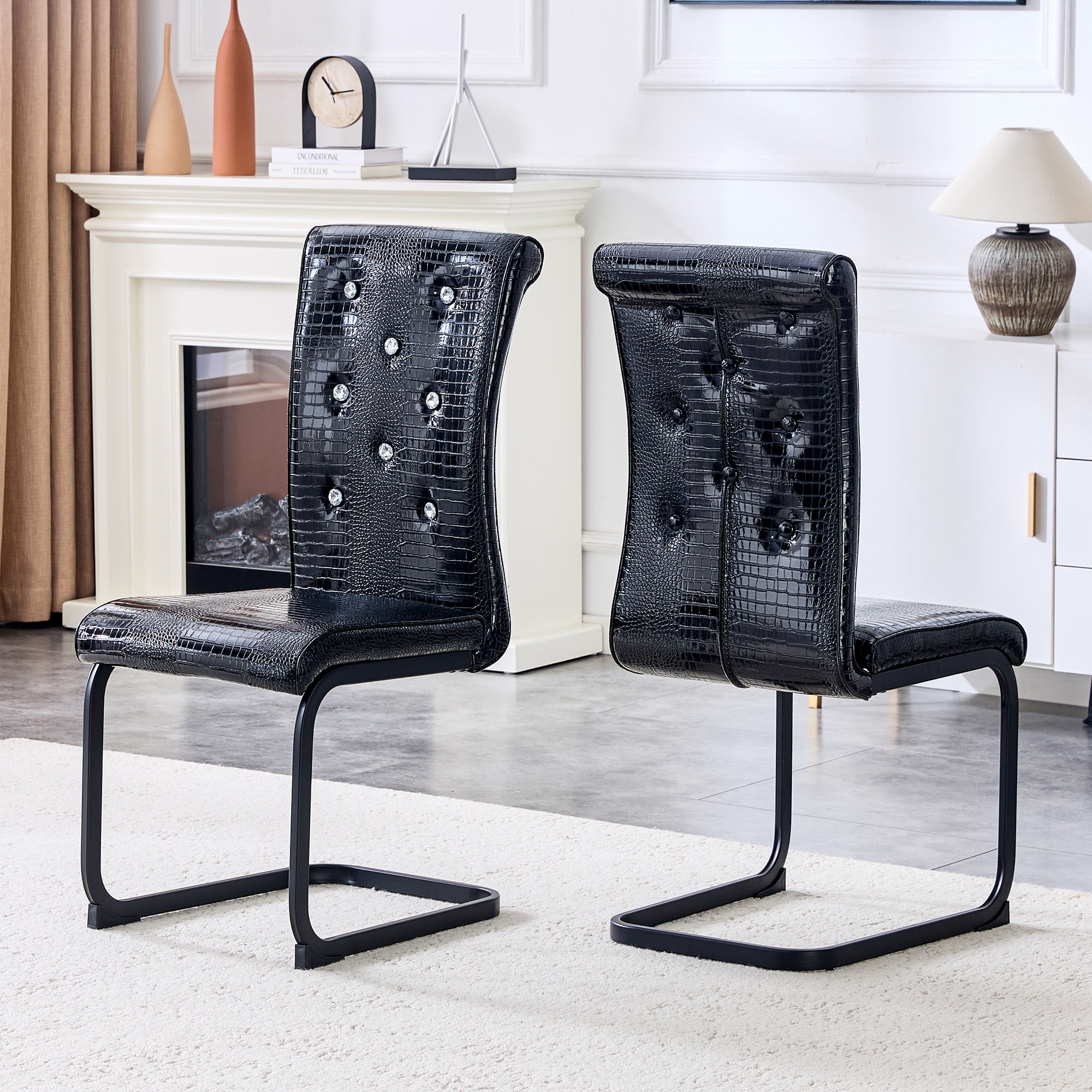 NEW Set of 2 Retro Alligator Texture Dining Chairs, Black Metal Bow ...
