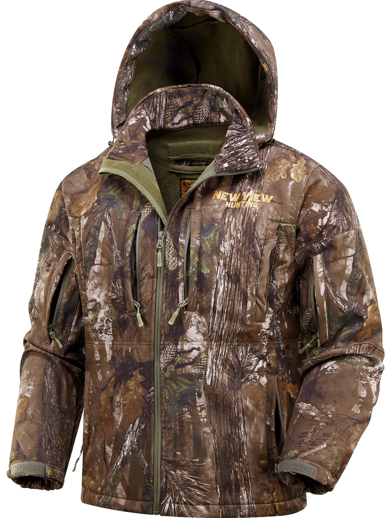NEW VIEW Quiet Hunting Jackets for Men, Fleece Lined Warm Camo Jacket with Hood, Safety Harness ...