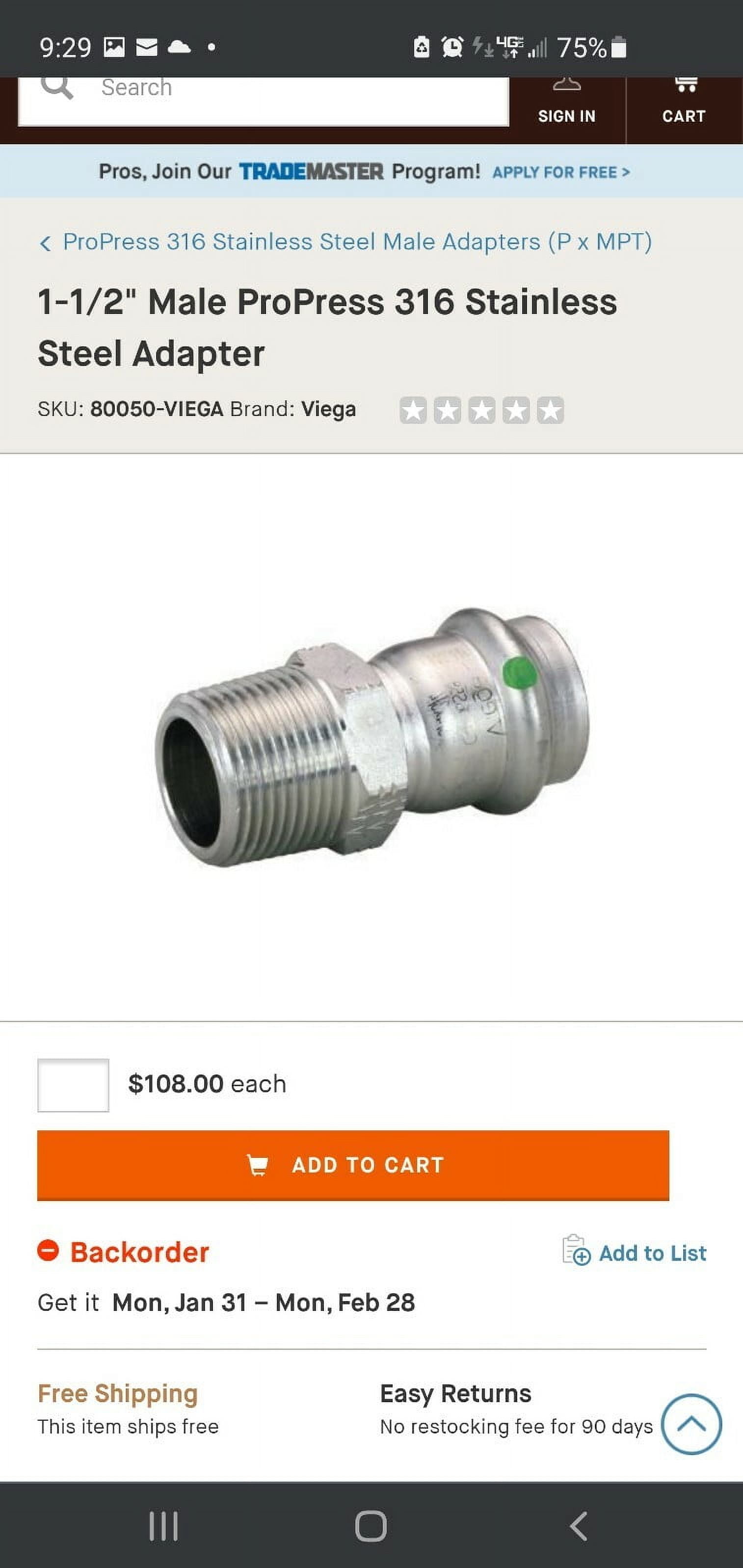 NEW Viega 80050 1-1/2" ProPress Male Stainless Steel fitting - Walmart.com