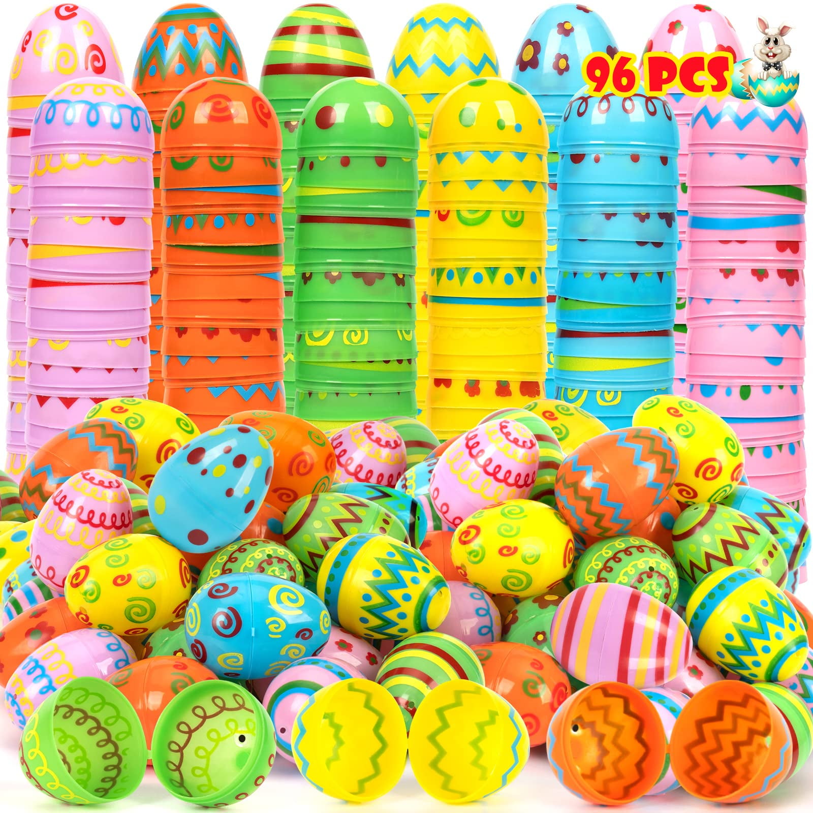 NEWBEA 96 Pcs Bright Plastic Easter Eggs-Assorted Prints and Colors, Easter Hunt,Easter Theme ...