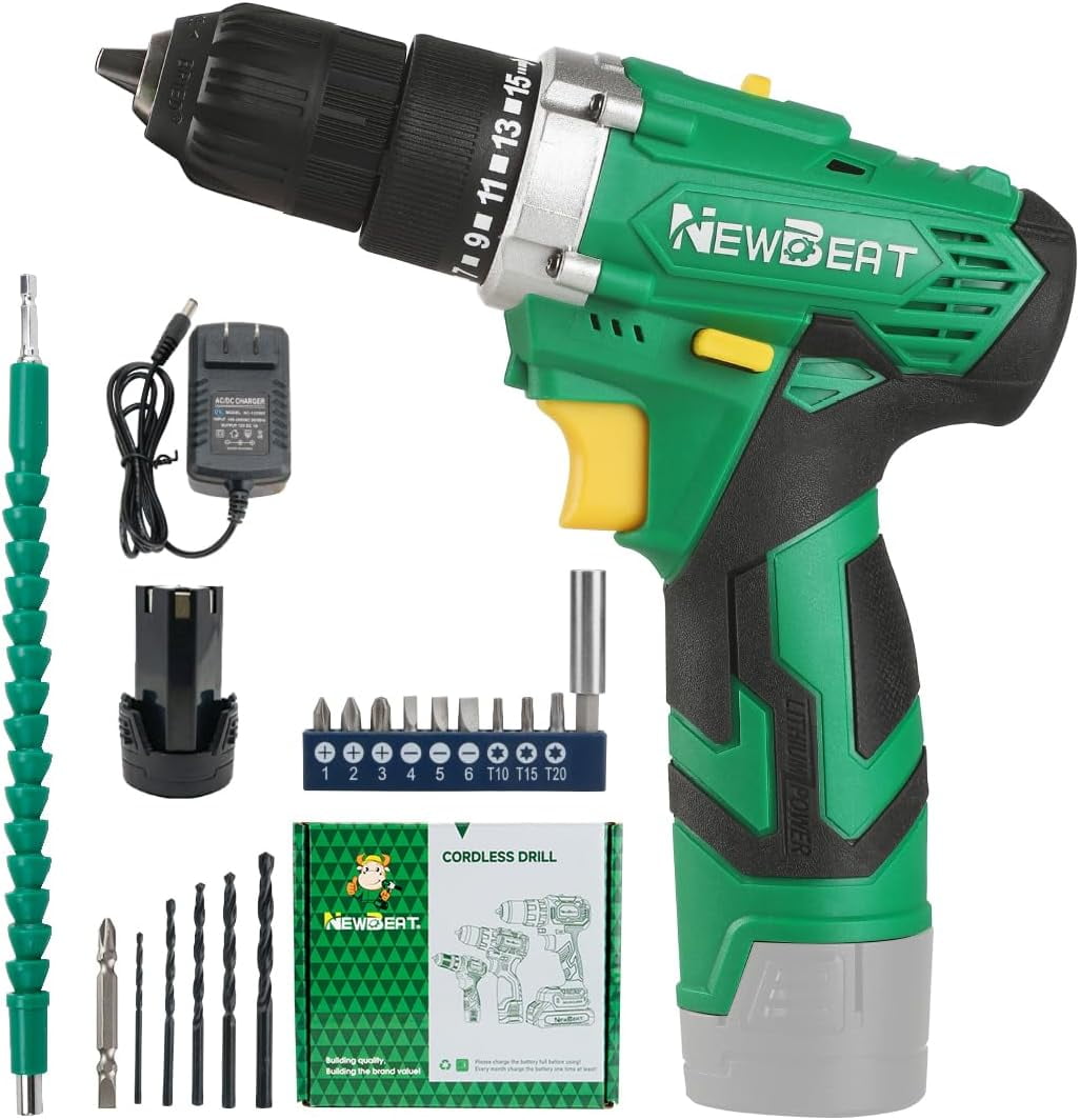 NEWBEAT Cordless Drill Set, 12V Power Drill Driver with 1 Battery and ...