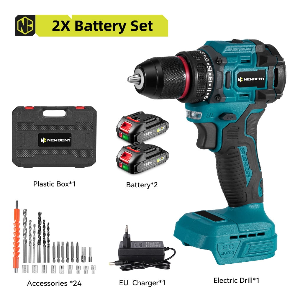 NEWBENY 10MM Brushless Electric Impact Drill 21 Gears Cordless Multi ...