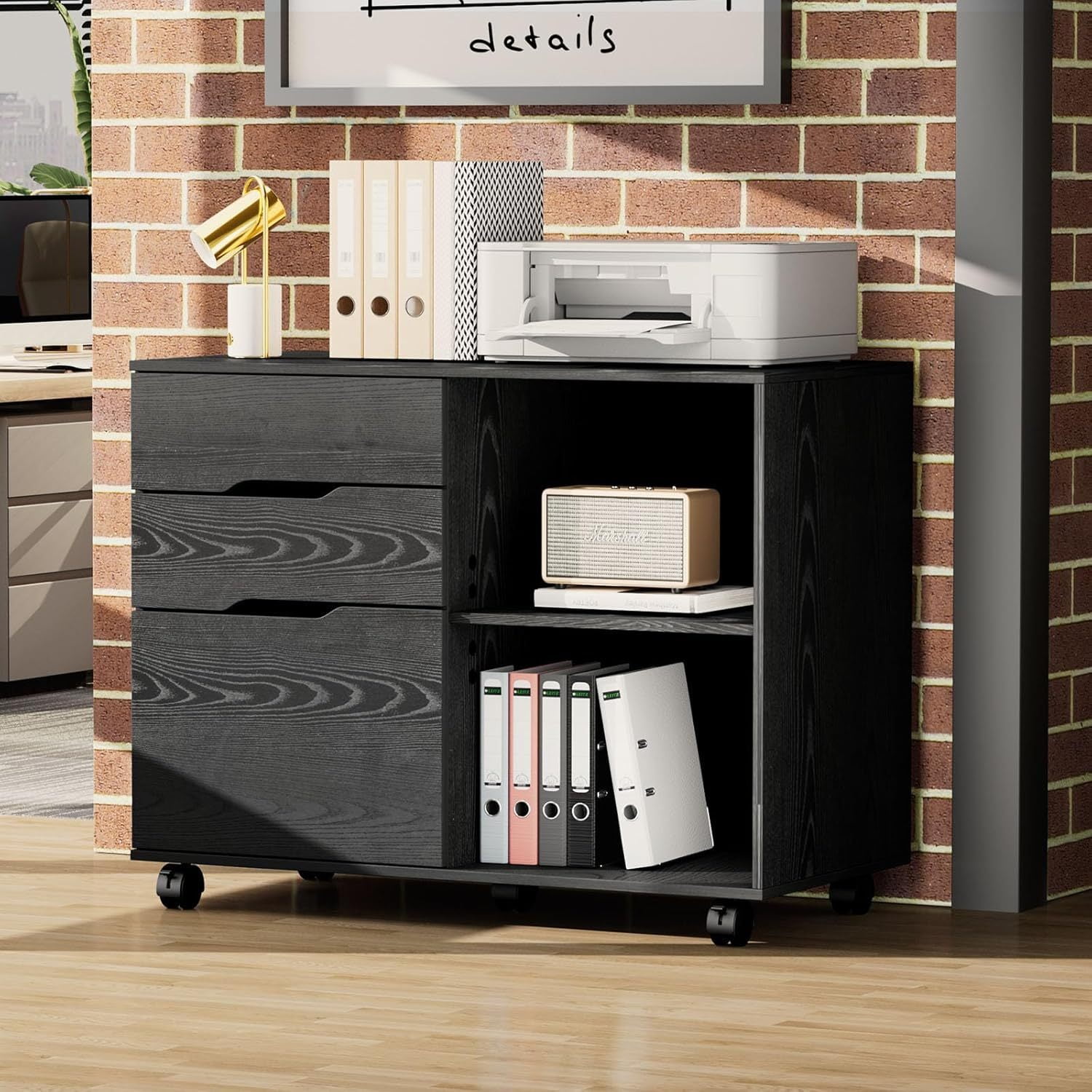 NEWBULIG 3-Drawer Wood File Cabinet with Wheel, Mobile Chest Storage ...