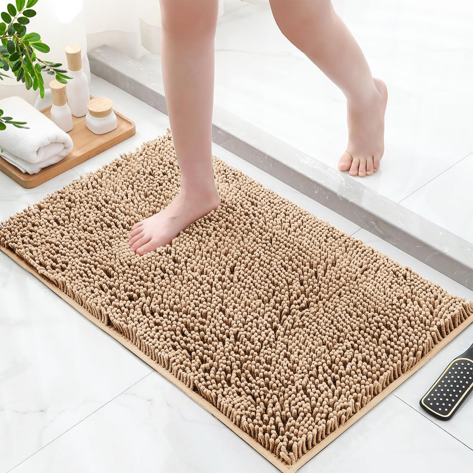 NEWEEN Bath Floor Plush Large Beige Absorbent Chenille Bathroom Rugs ...