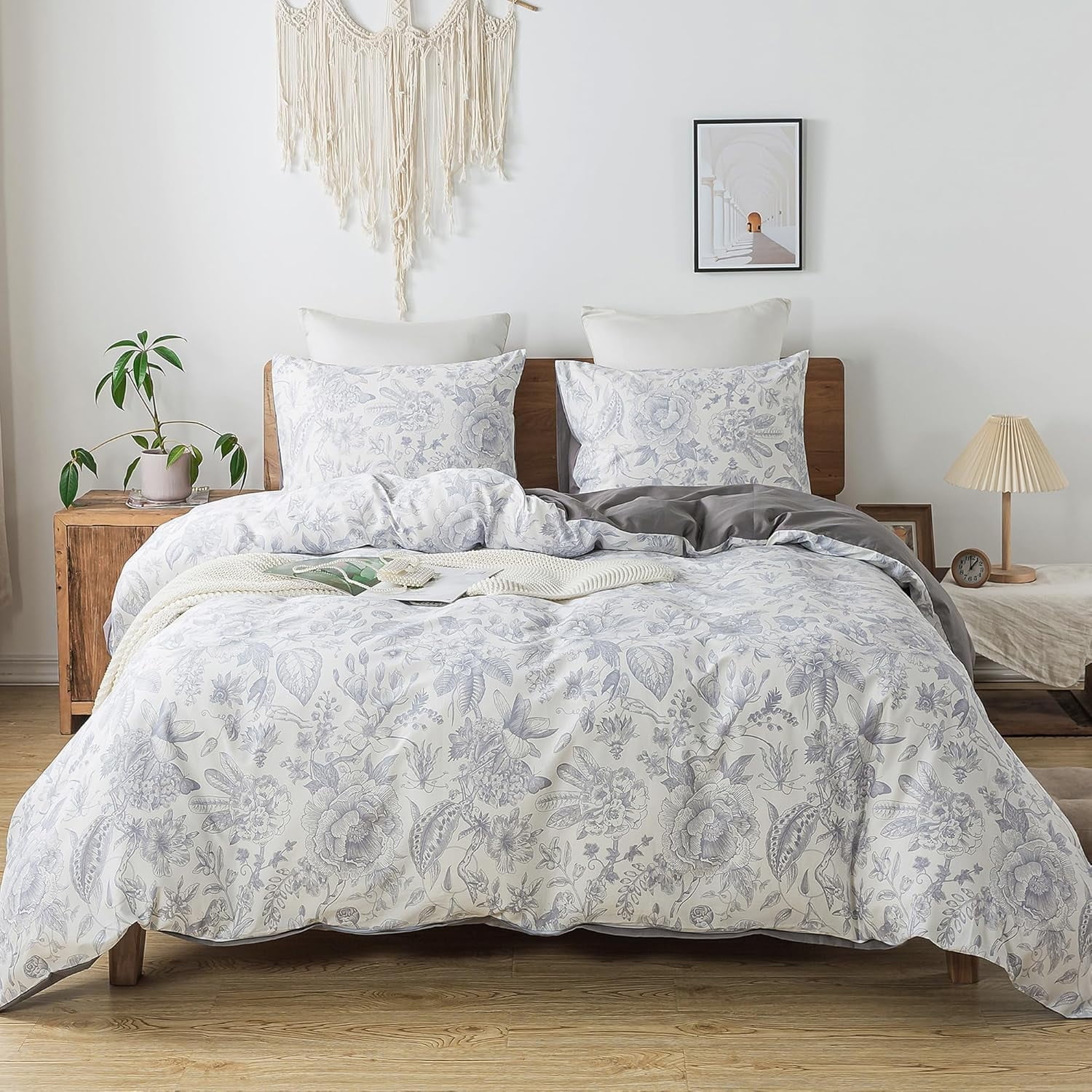 NEWLAKE 3-Piece Cotton Duvet Cover White Classic Floral Duvet Bedding ...