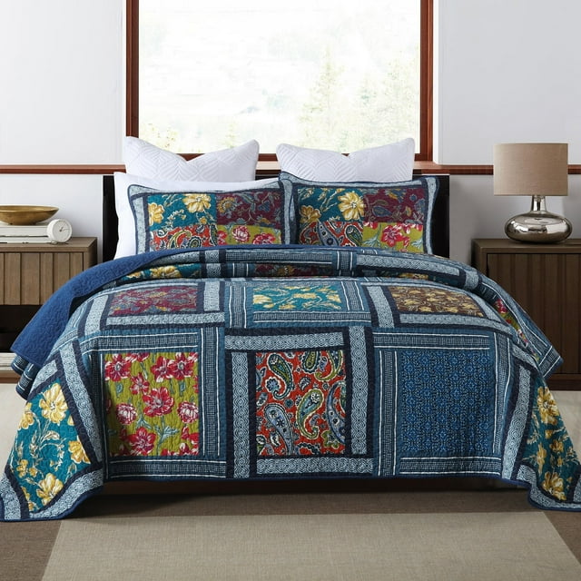 NEWLAKE 3-Piece Floral Cotton Patchwork Quilt Set Decor Quilt Set with ...