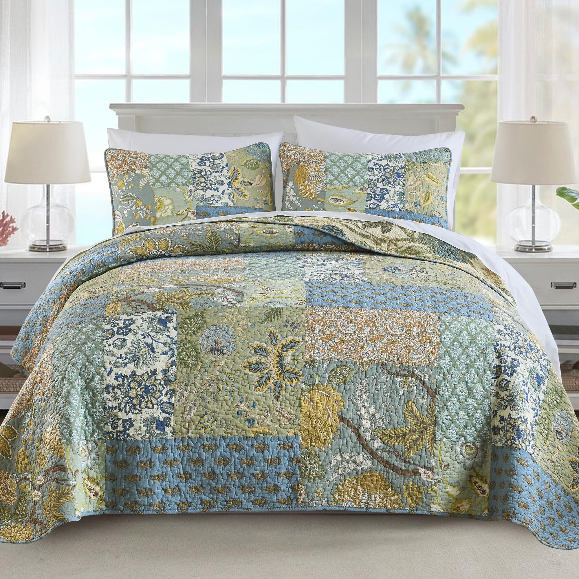 NEWLAKE, Floral Cotton Patchwork Quilt Set, King, Green - Walmart.com