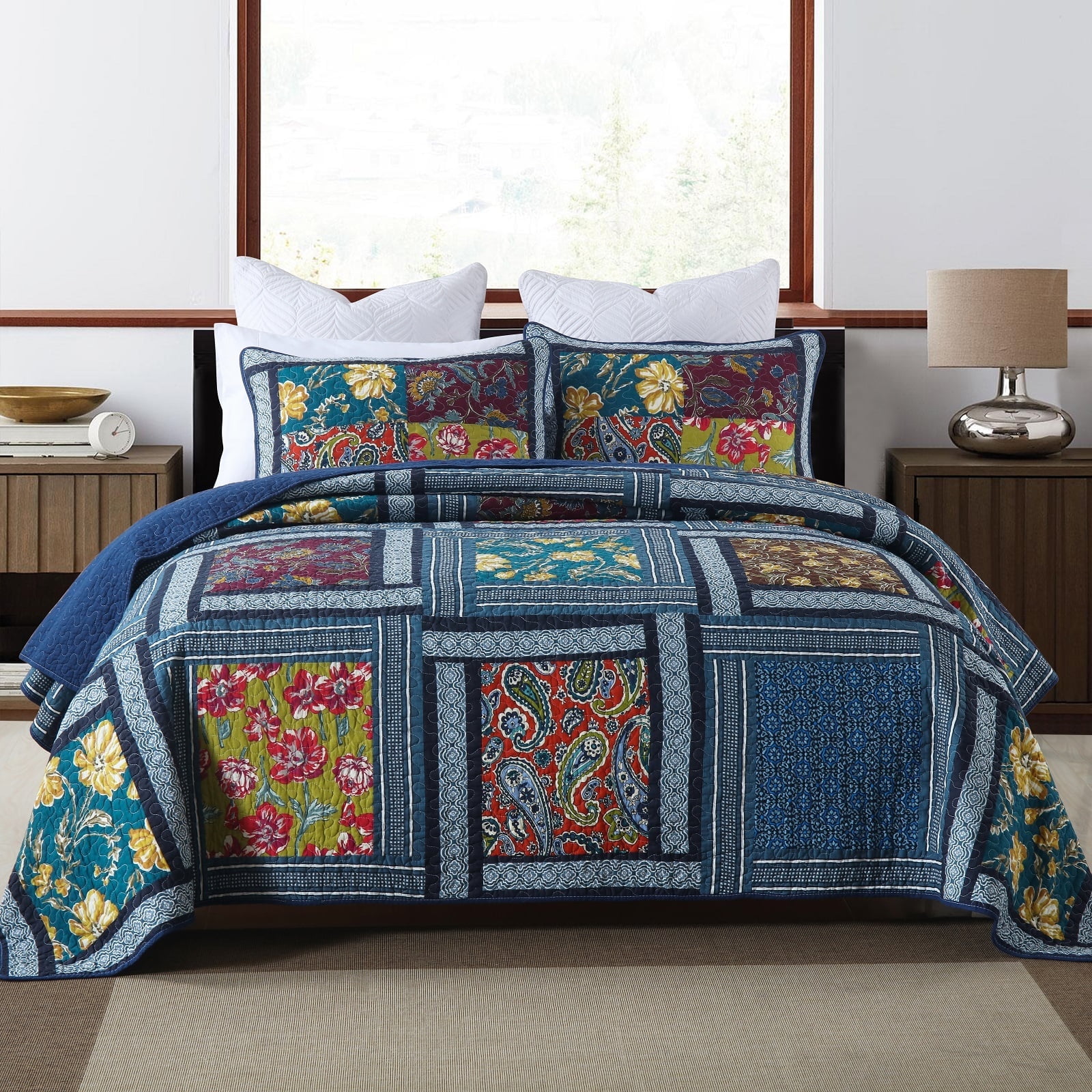 NEWLAKE 3-Piece Floral Cotton Patchwork Quilt Set Decor Quilt Set with ...