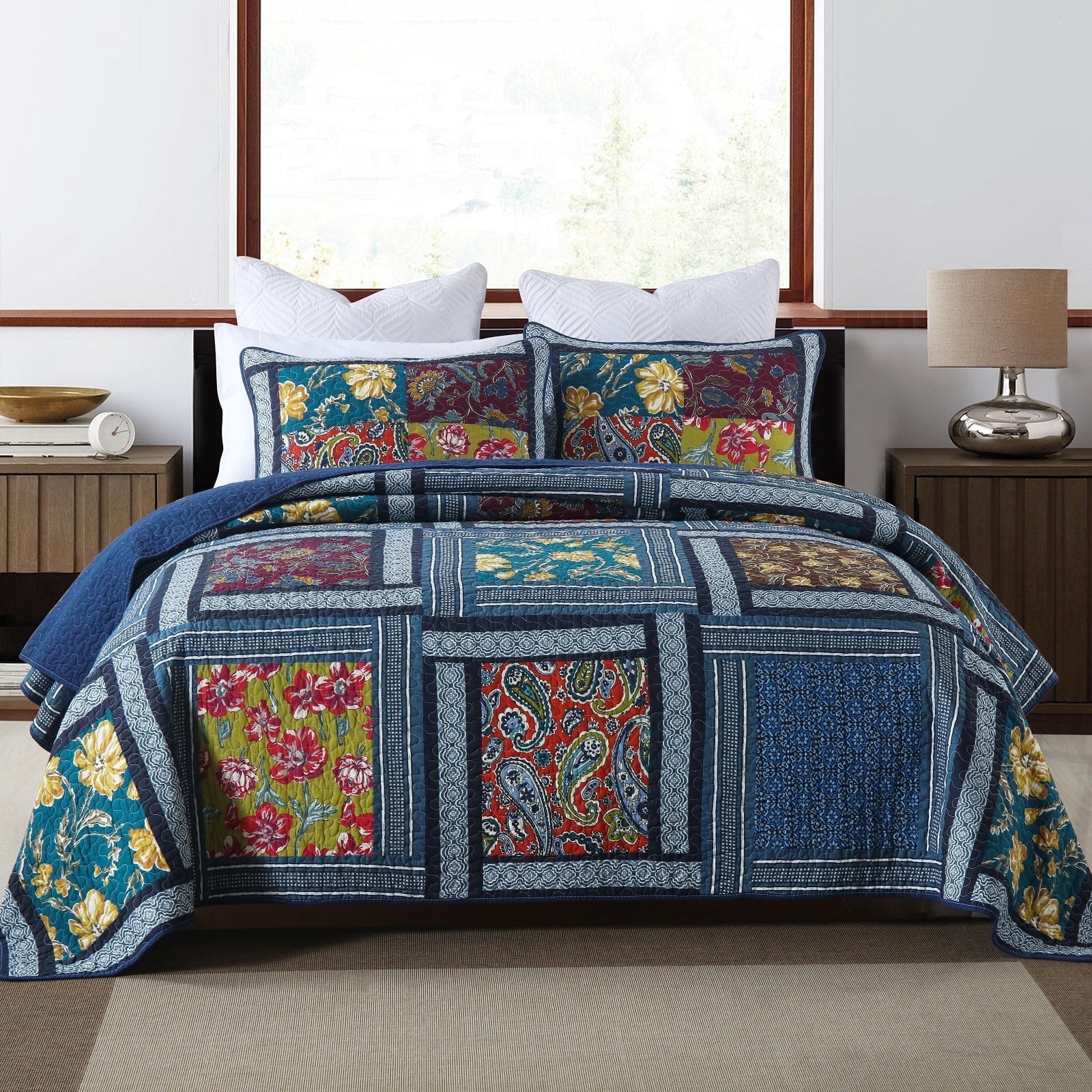 NEWLAKE 3-Piece Floral Cotton Patchwork Quilt Set with Pillow Shams ...