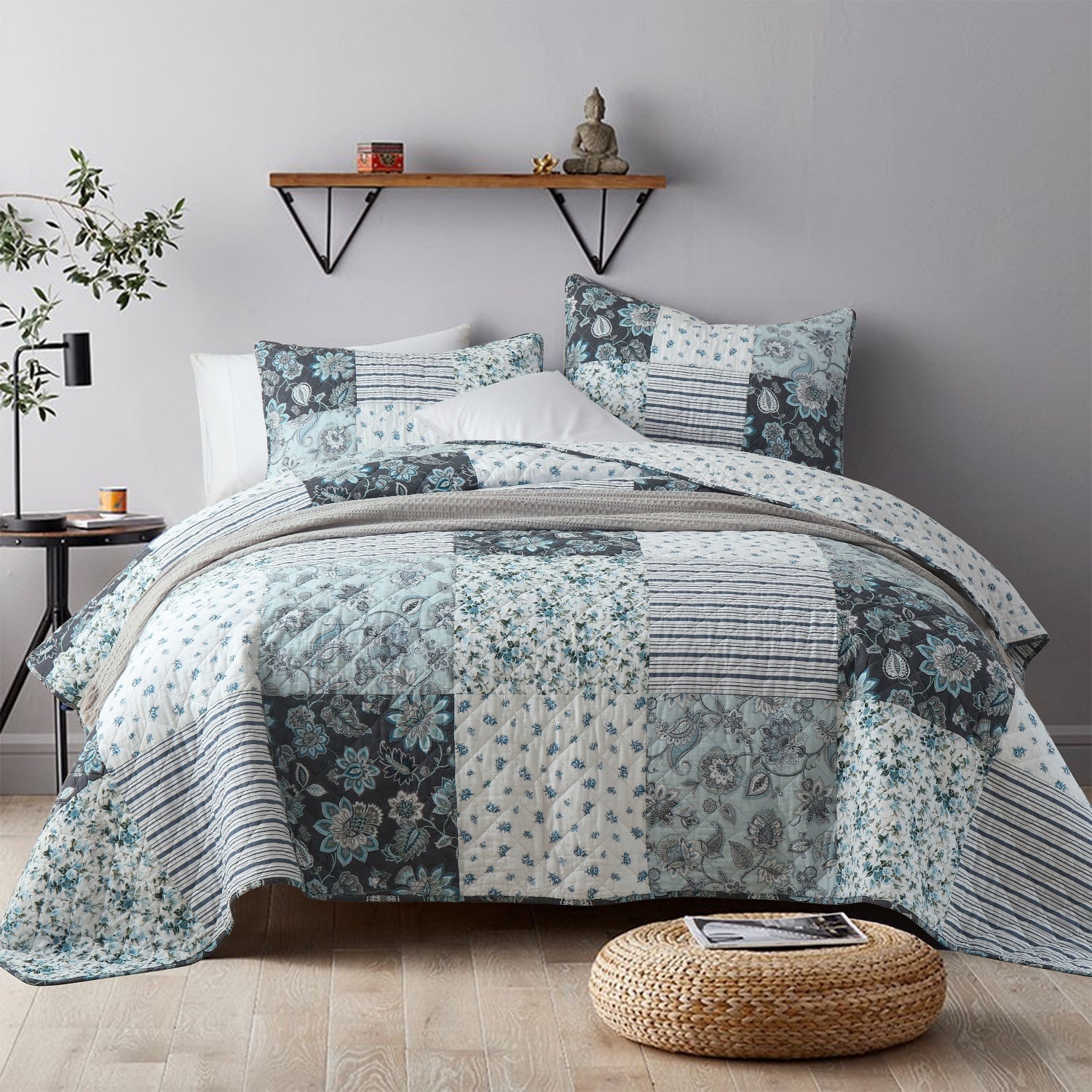 NEWLAKE 3-Piece Floral Cotton Patchwork Quilt Set Decor Quilt Set with ...