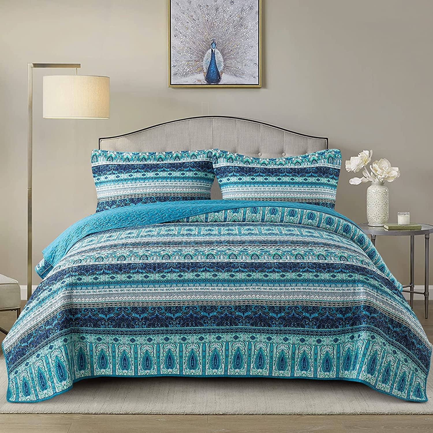 NEWLAKE Stripe 3-Piece Bohemian Quilt Sets, Queen Size, Blue Mysterious ...