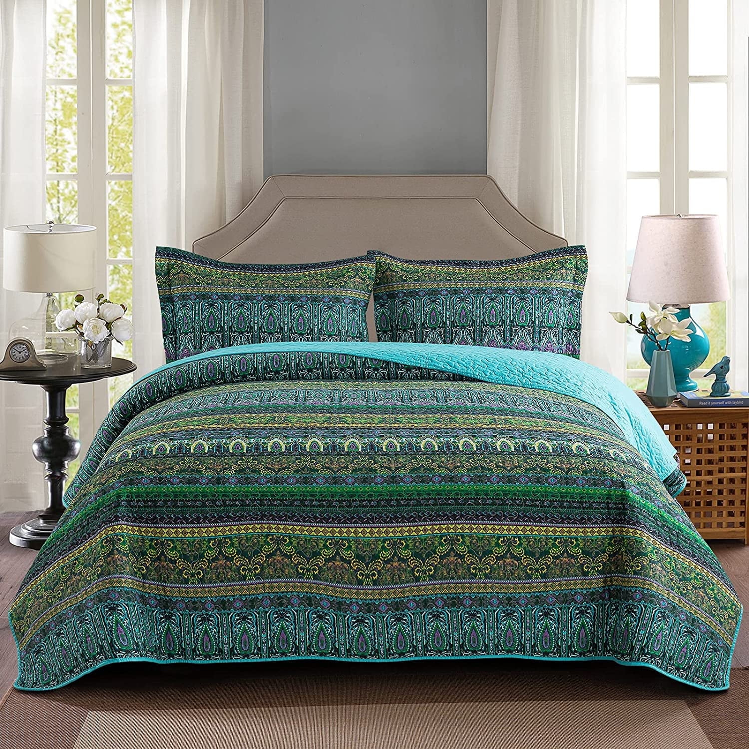 NEWLAKE Cotton Bedspread King Quilt Sets Reversible Patchwork Coverlet ...