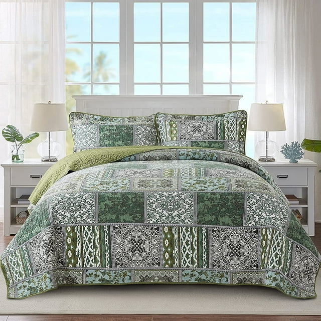 NEWLAKE Cotton Bedspread King Quilt Sets Reversible Patchwork Coverlet ...