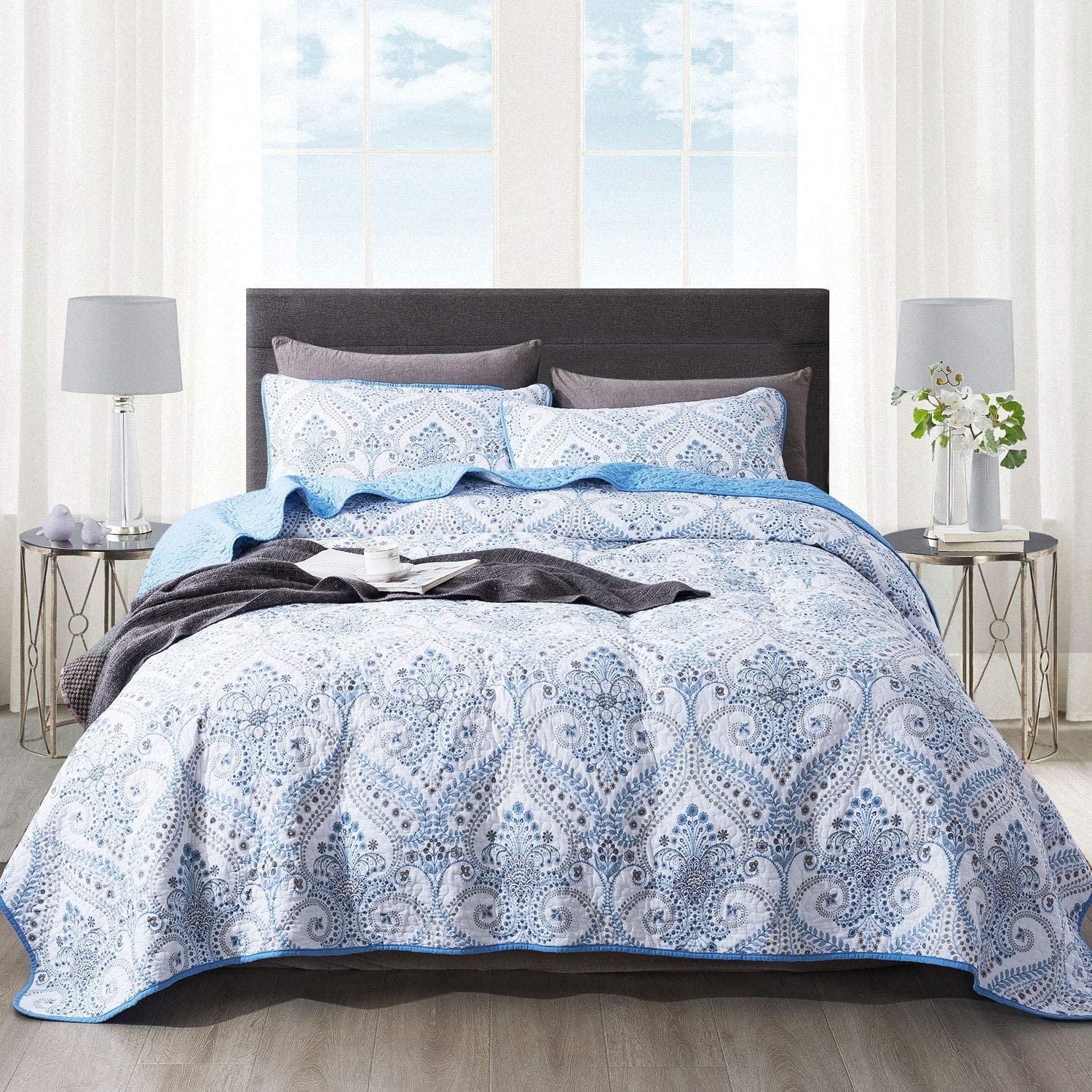 NEWLAKE 3-Piece Blue Floral Quilt Bedding Sets, Queen - Walmart.com