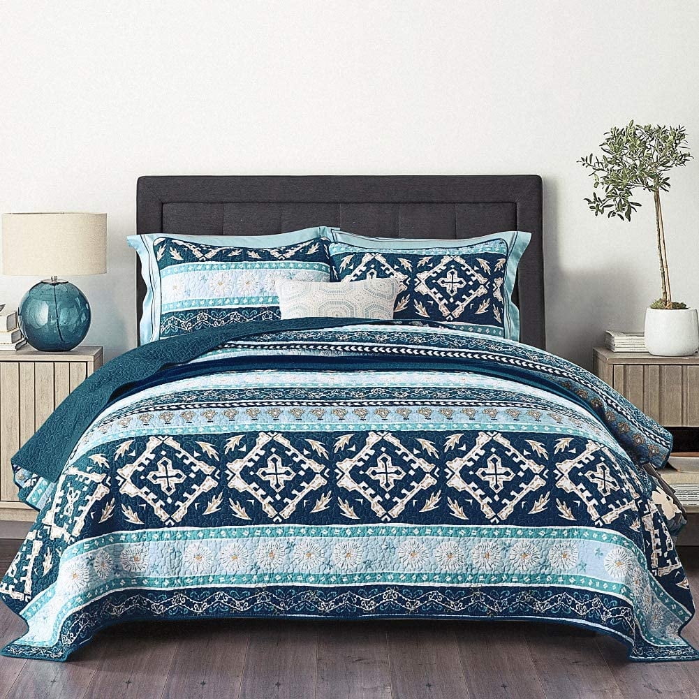 NEWLAKE Boho Chic Cotton Queen Quilt Sets, 3-pc Reversible Patchwork ...