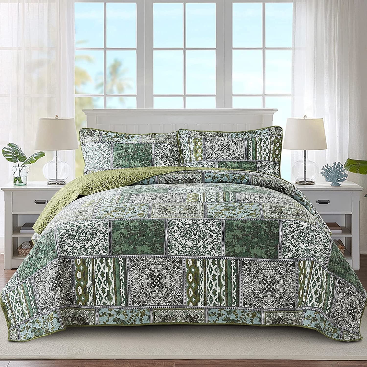 NEWLAKE Cotton Bedspread Queen Quilt Sets Reversible Patchwork Coverlet ...