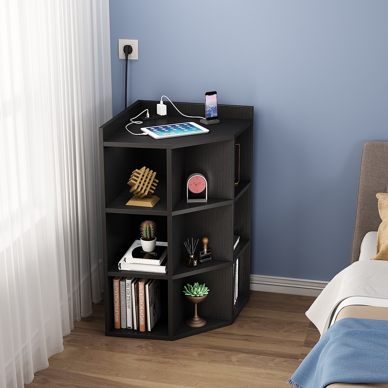 NEWSENDY Corner Cabinet,9 Cubby Corner with USB Ports and Outlets,3 ...