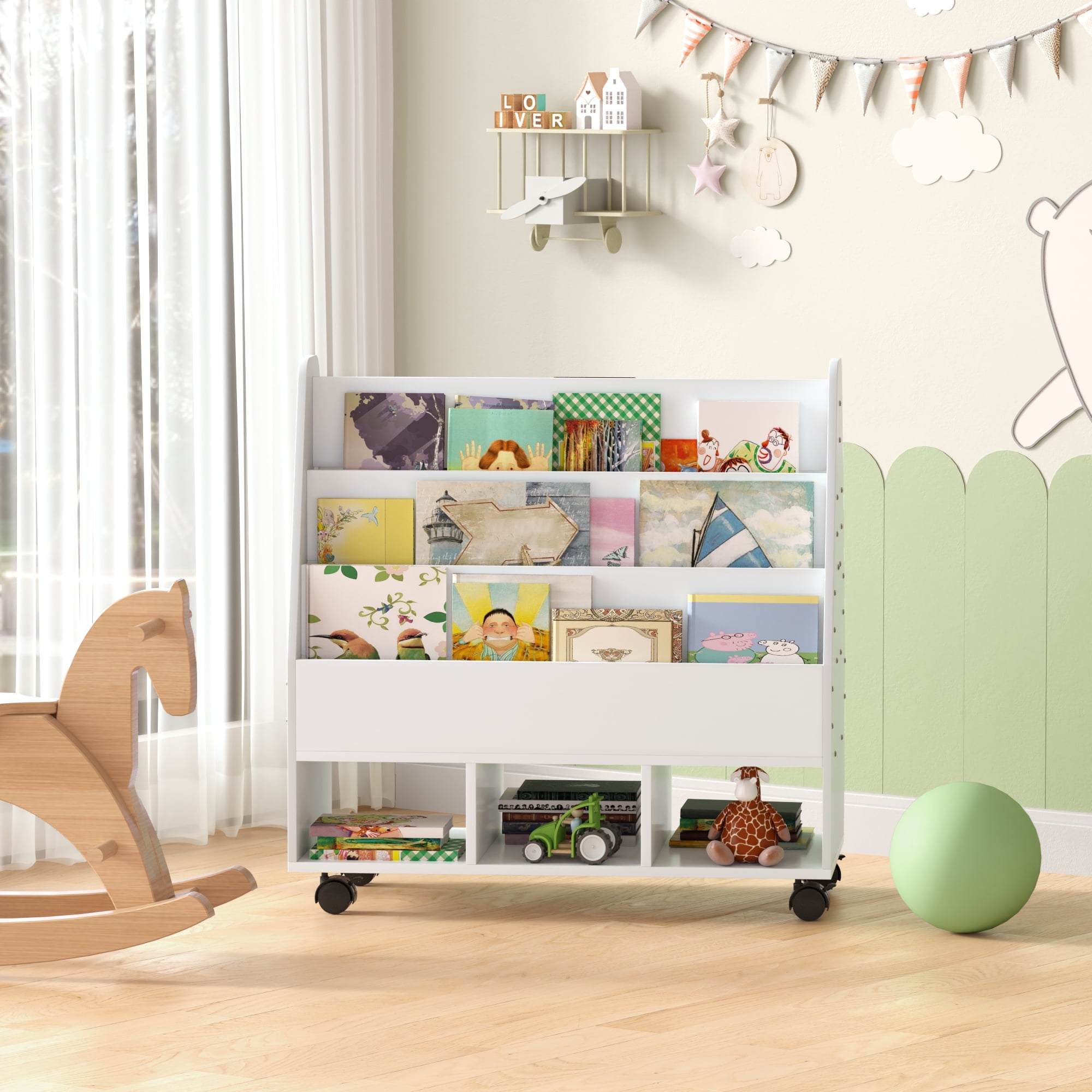 NEWSENDY Mobile Multi-Tier Magazine Rack with Storage Cubbies ...