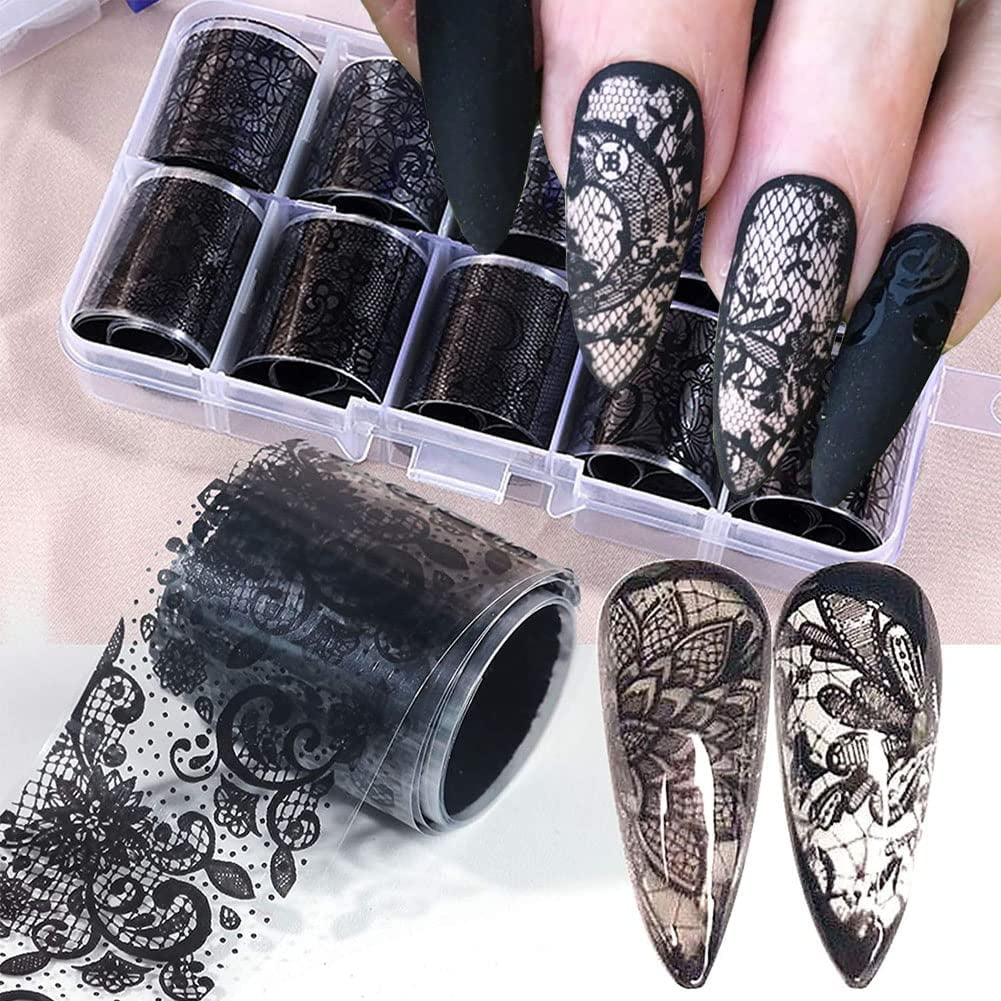 NEWSPIED 10 Rolls Black Lace Nail Foil Transfer Stickers Retro Lace ...