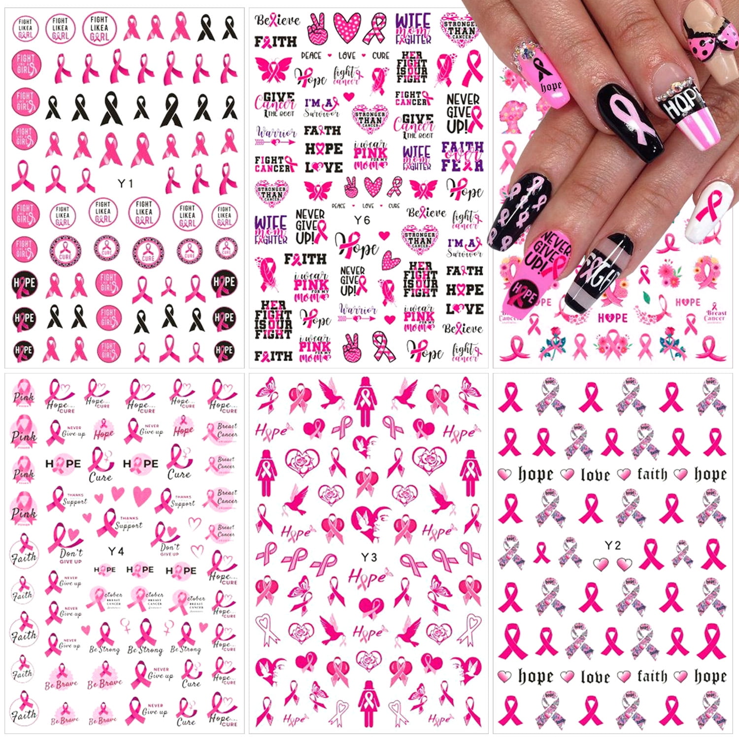 NEWSPIED 6 Sheets 3D Self-Adhesive Pink Ribbon Breast Cancer Awareness ...
