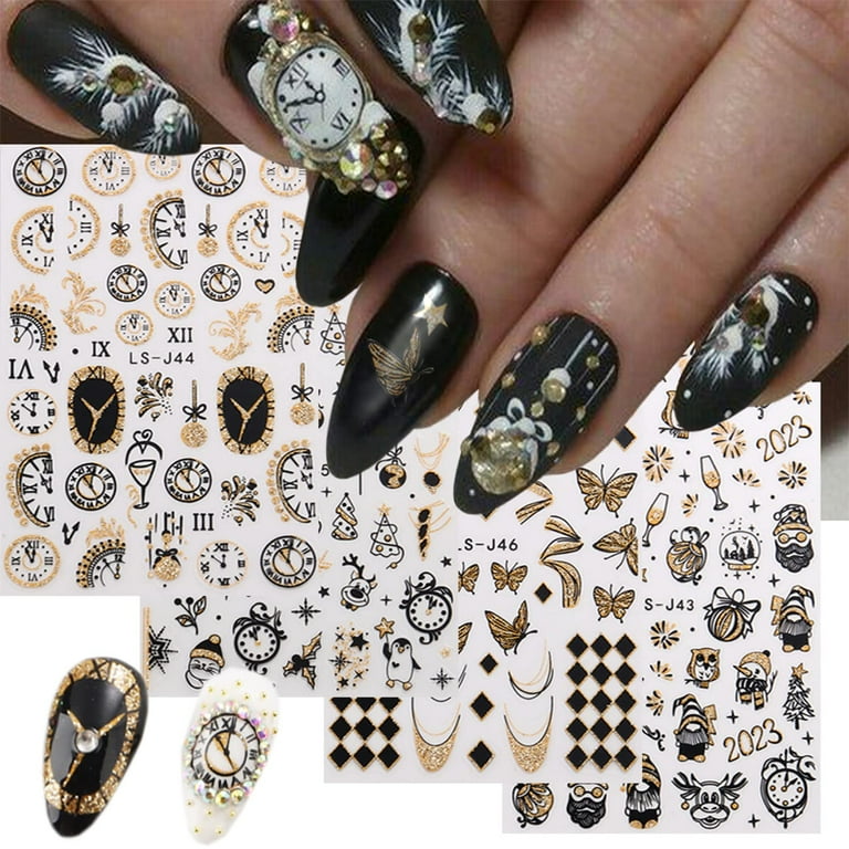 NEWSPIED 8 Sheets Christmas Nail Art Stickers Clock Nail Design 3D Self Adhesive Nail New Years Decals Xmas Nail Stickers Winter Bell Elk Penguin Nail