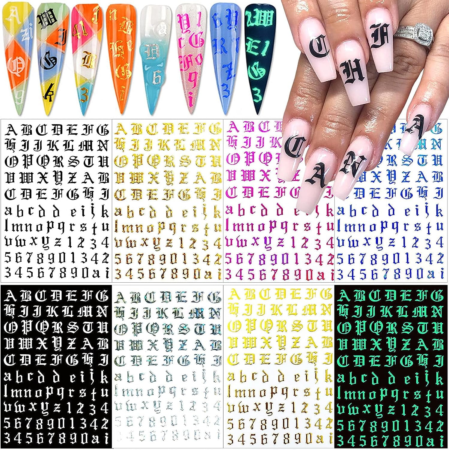 NEWSPIED 8Pcs Letter Nail Art Stickers Number Nail Decals Nail Art ...