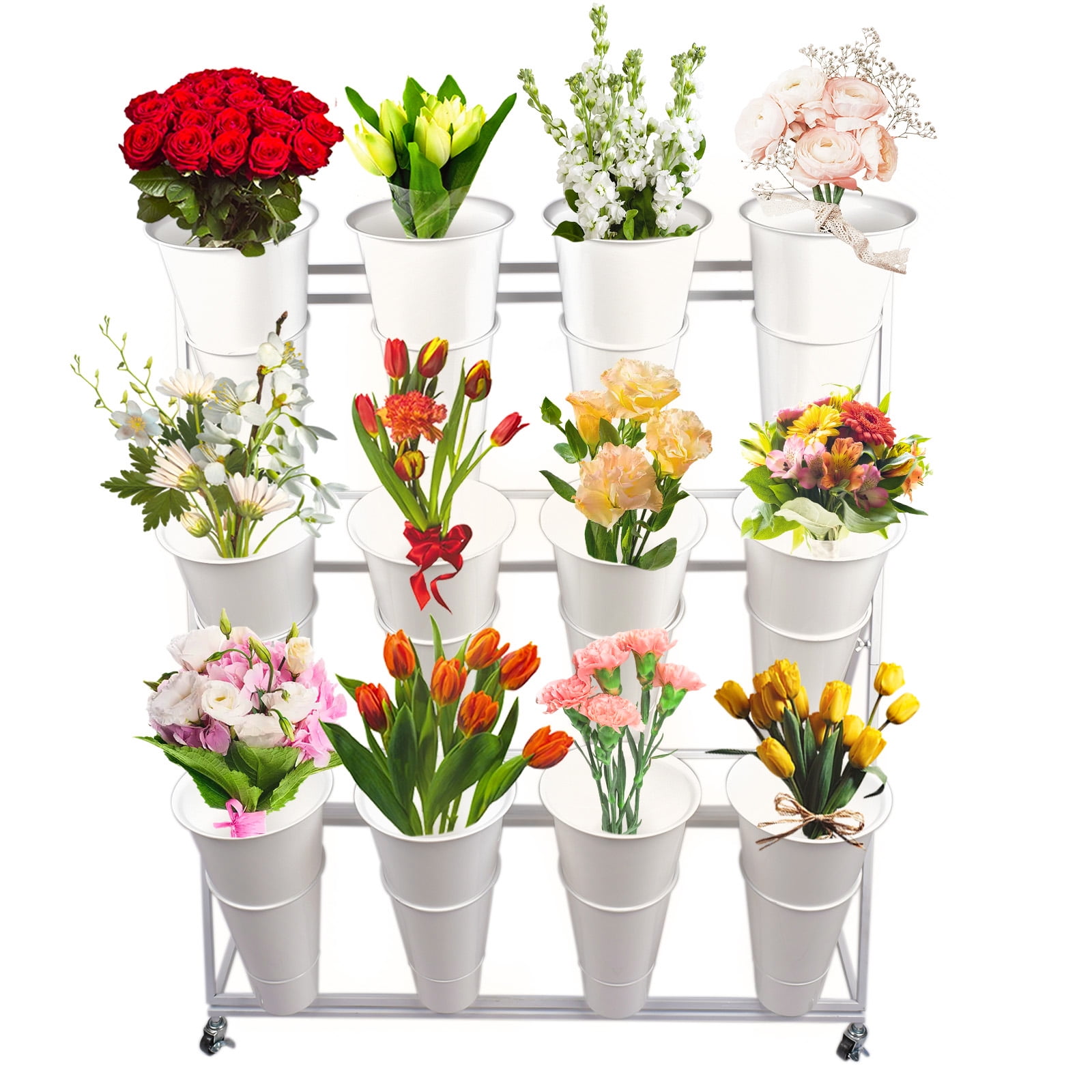 NEWZQ 3-Layer Metal Plant Display Stand with 12 Plastic Flower Bucket ...