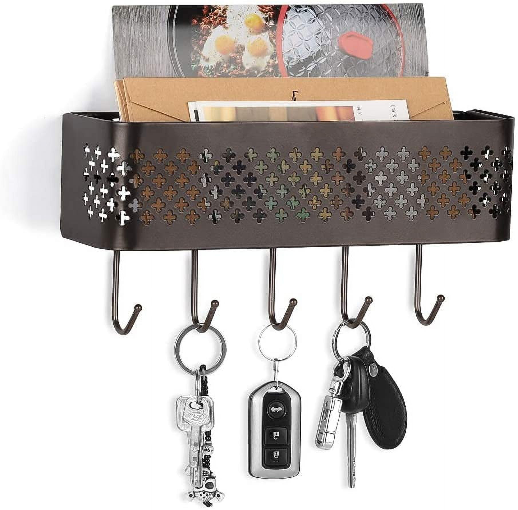 NEX Wall Mount Mail and Key Organizer with 5 Hooks, Brown Metal Storage ...