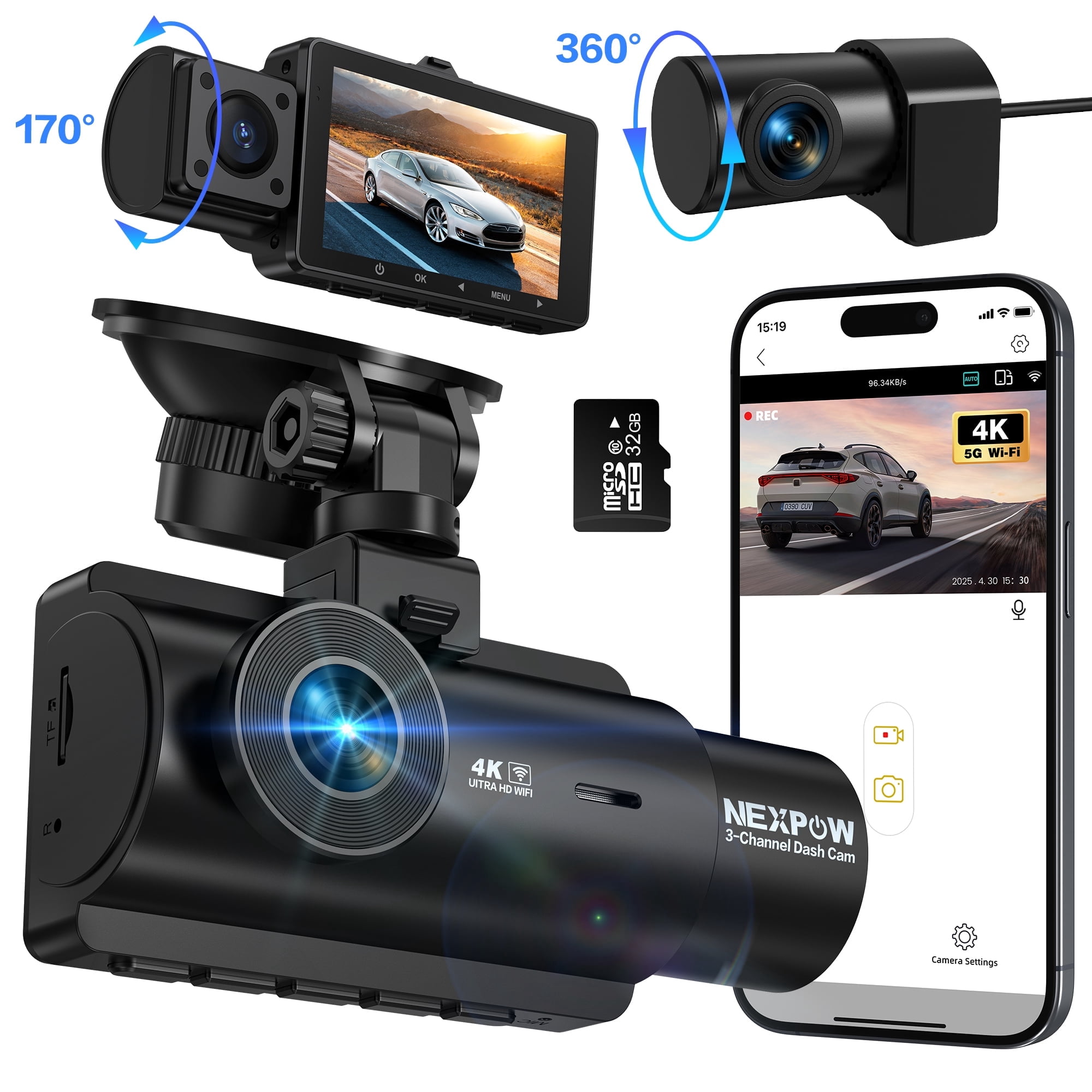 NEXPOW 3 Channel 4K WiFi Dash Cam,Front Rear Cabin 4K+1080P+1080P,170 ...