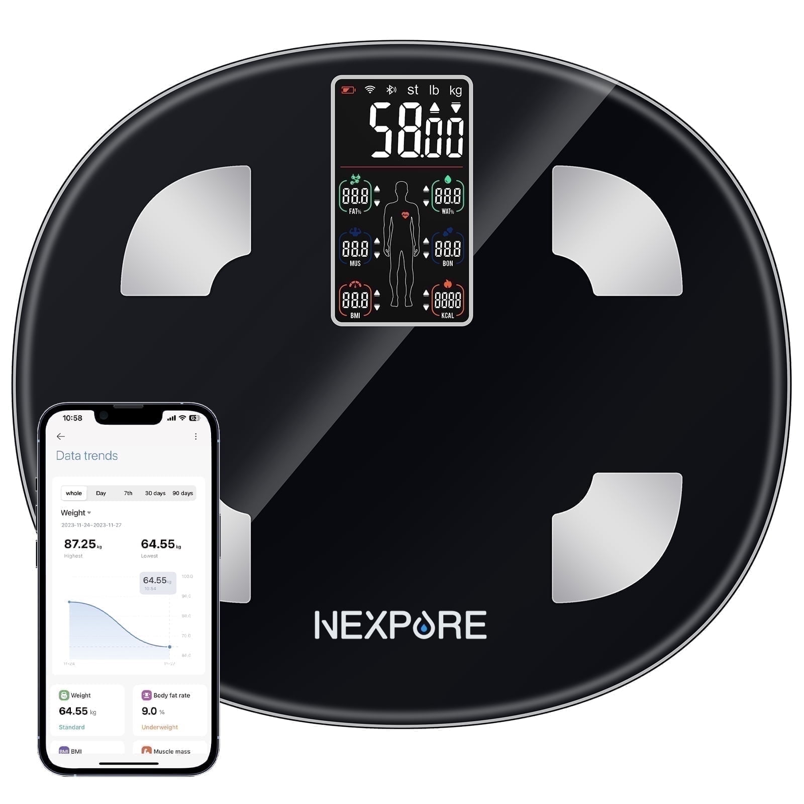 NEXPURE Smart Digital Bathroom Scale, 8-in-1 VA Display, Bluetooth, 396 ...