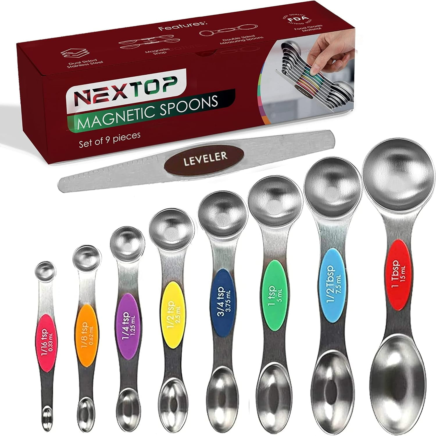 NEXTOP Magnetic Measuring Spoons 9-Pcs Stainless Steel Set with Leveler ...